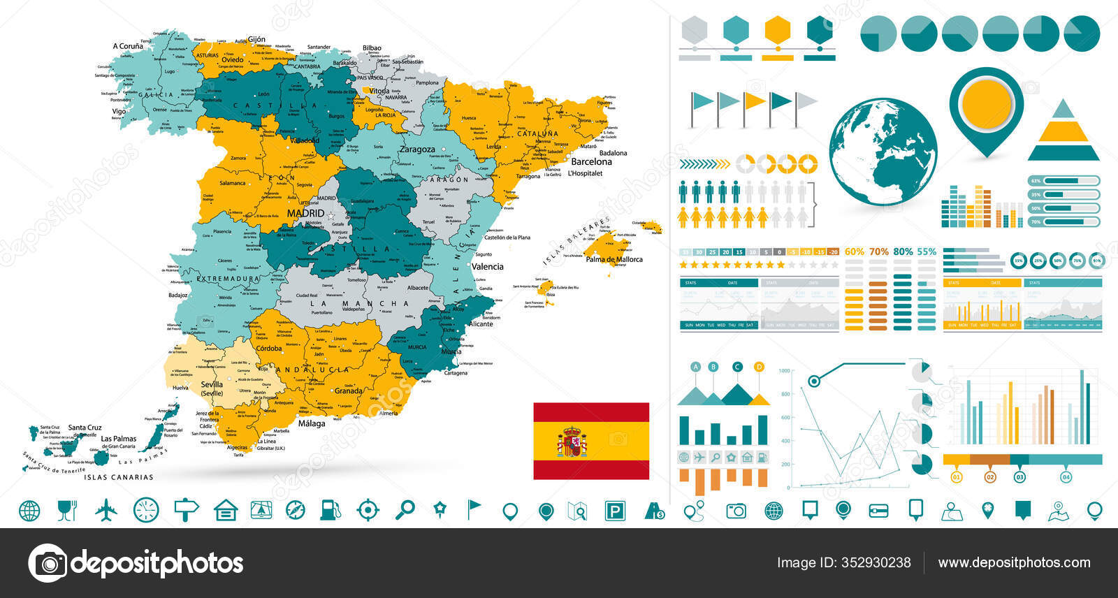 Spain Map Infographics Design Elements Business Template Flat Style ...