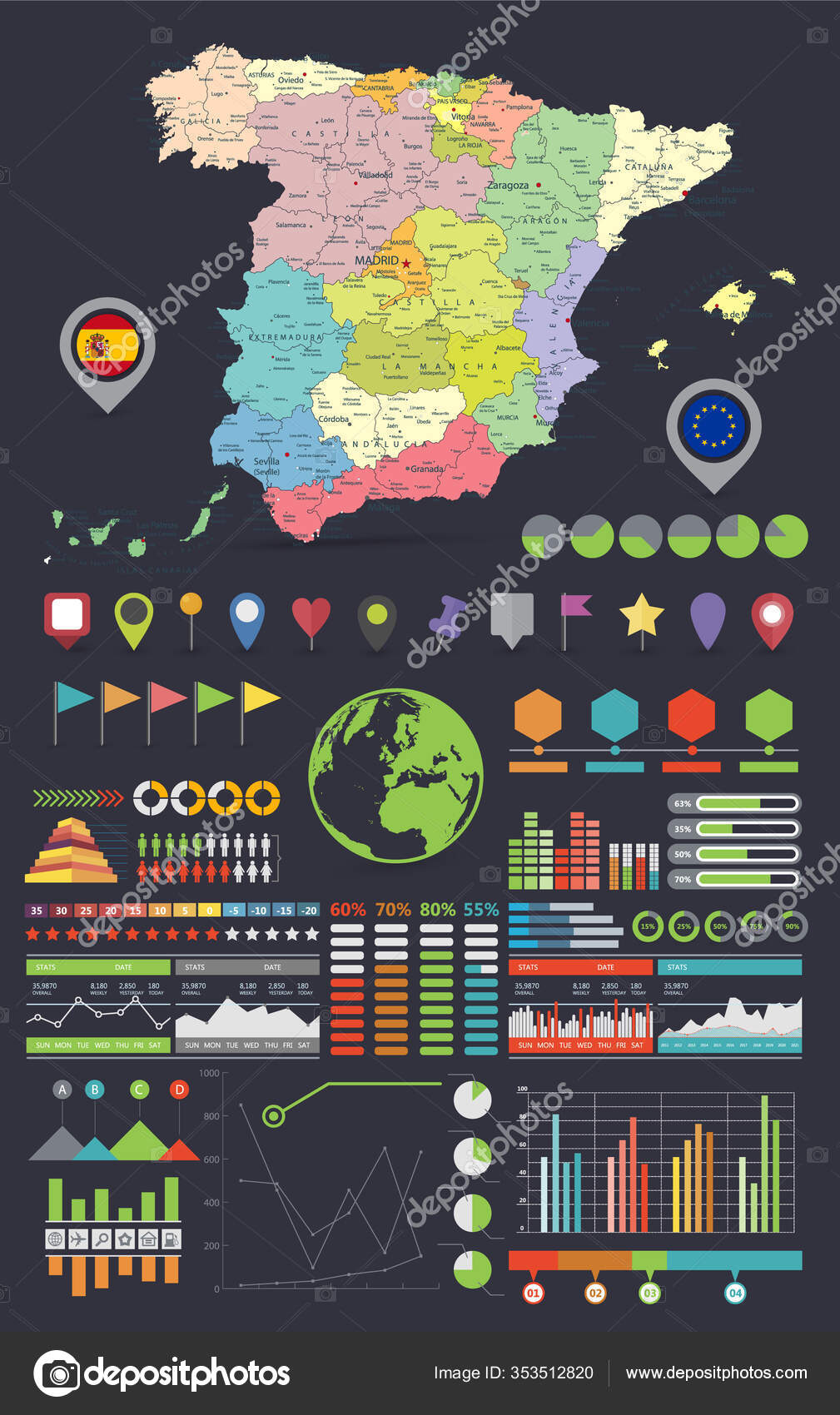 Spain Map Infographics Design Elements Black Business Template Flat ...