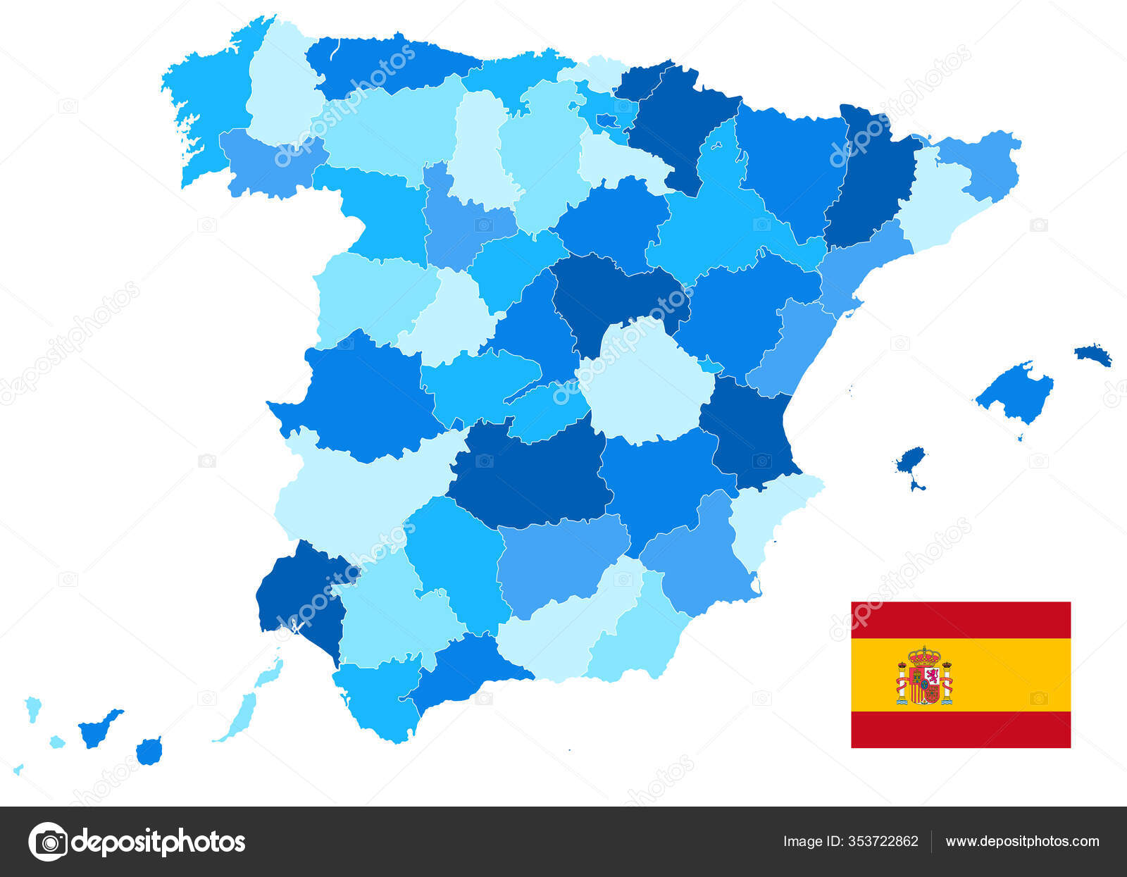 Spain Administrative Divisions Map Blue Color Isolated White Empty Map ...