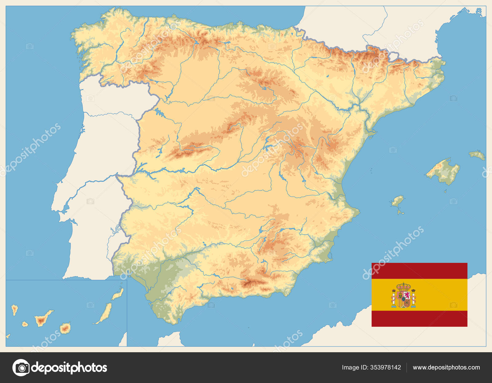 Spain Physical Map Retro Colors Text All Elements Separated Editable ...