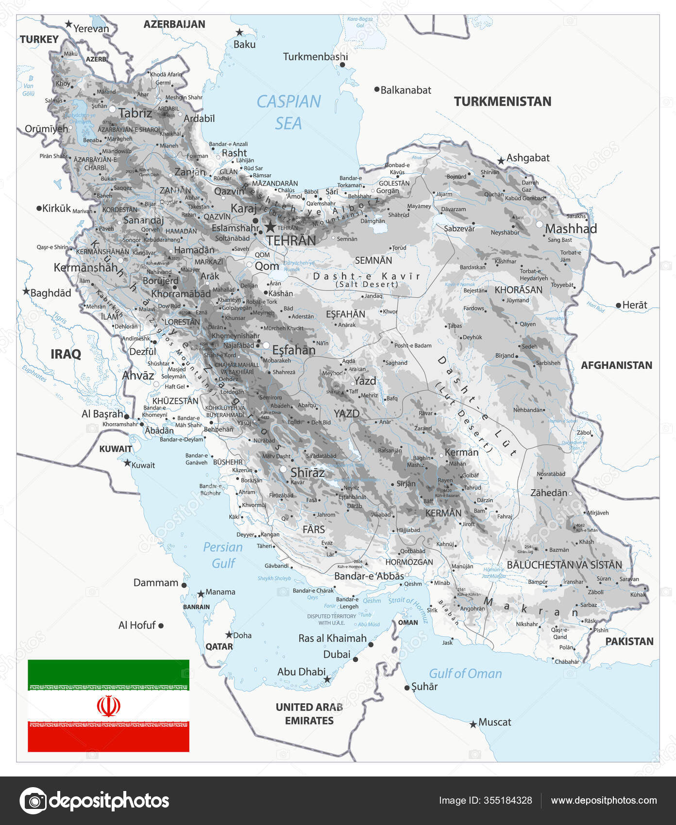 Iran Physical Map White Gray Colors All Elements Separated Editable ...