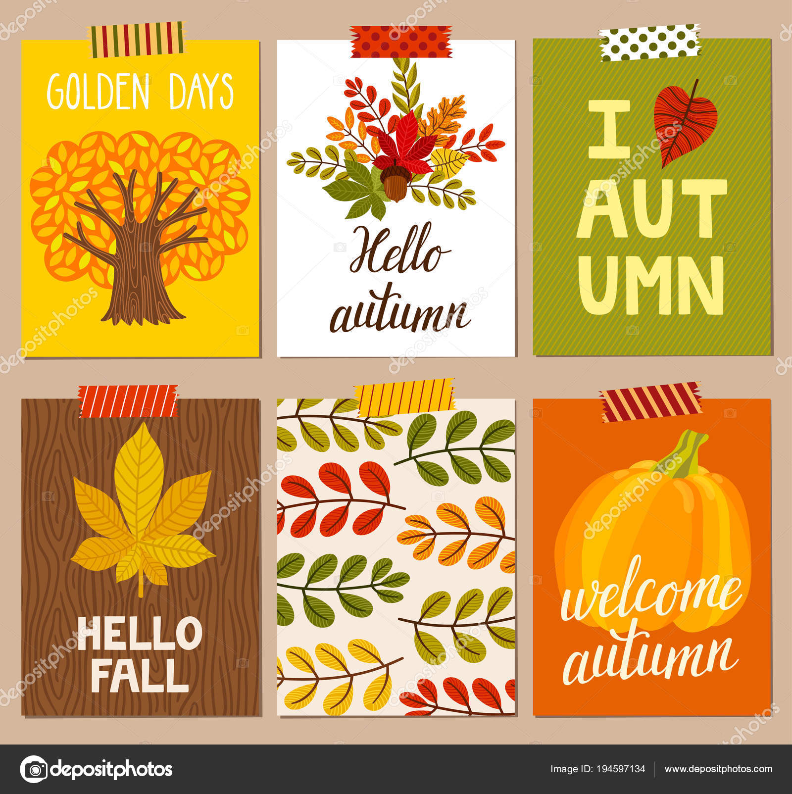Vector set of autumn cards. Bright hand drawn posters with pumpkin ...