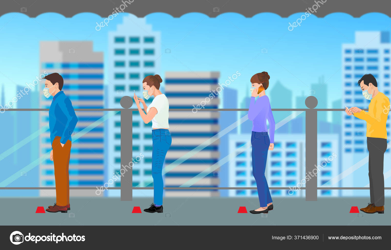 People Queuing Keep Distance While Waiting Sky Train Stock Illustration ...