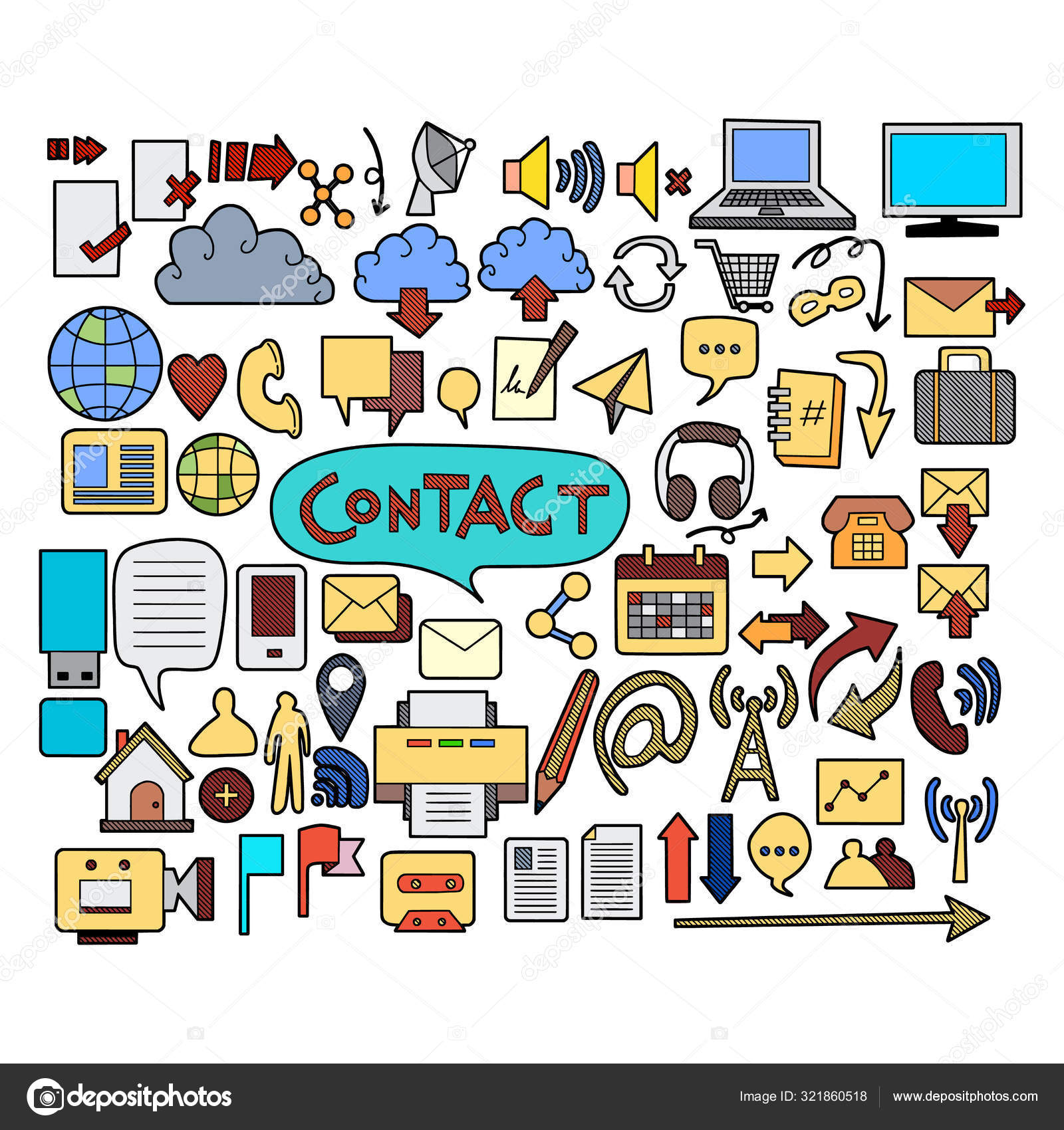 Set of Contact doodle vector. Creative colour art hand draw illu Stock ...