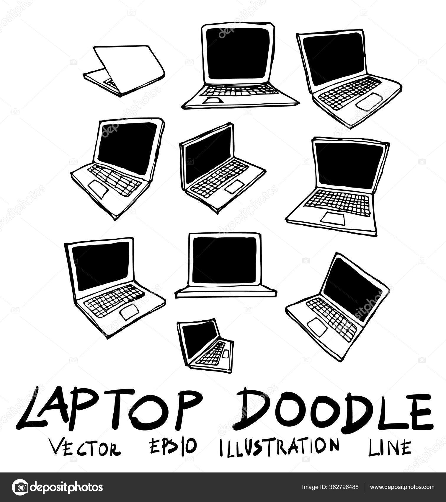 Set Laptop Doodle Illustration Hand Drawn Sketch Line Vector Stock ...