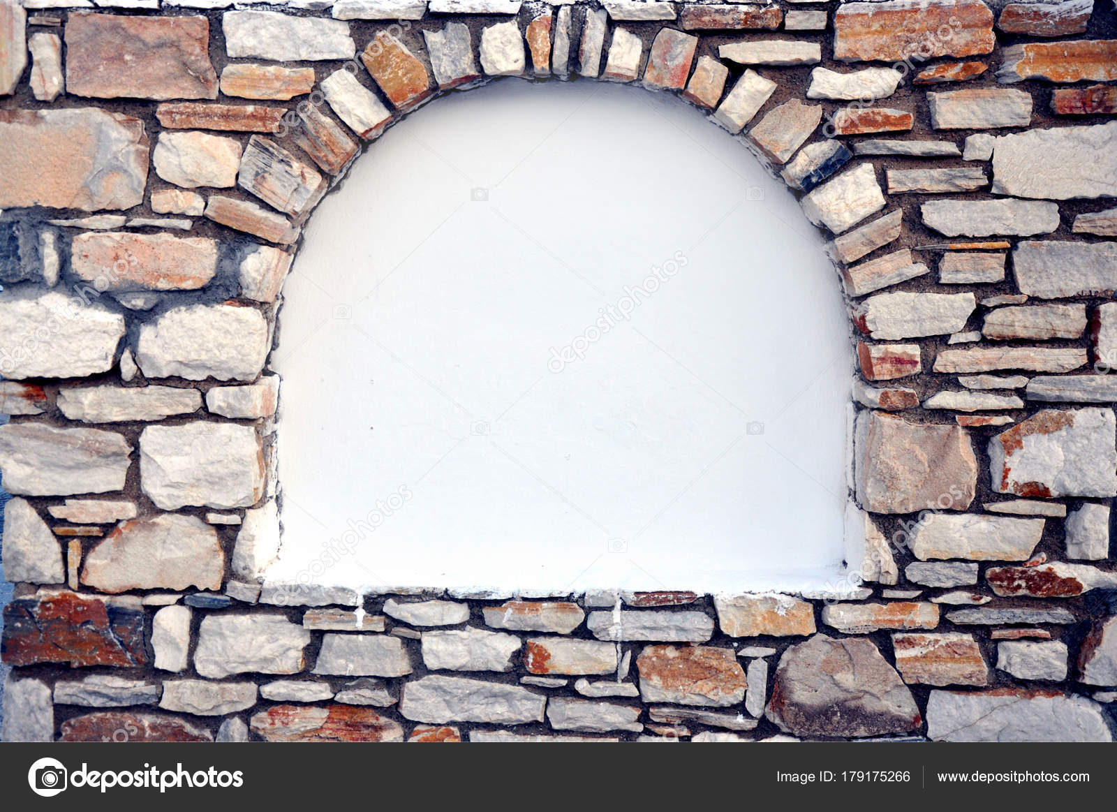 Stony wall frame with round empty, white background, copyspace for text ...