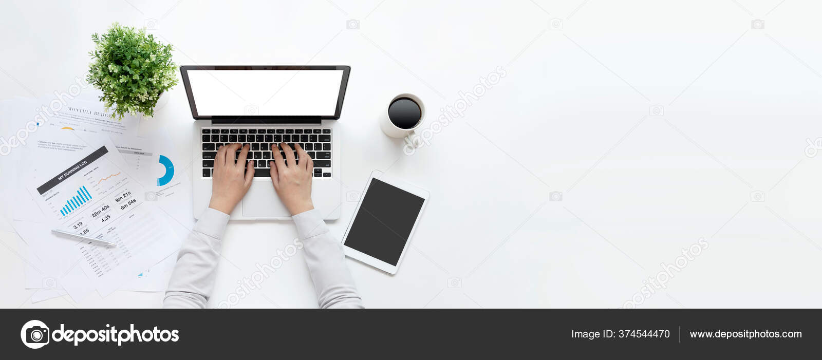 Woman Hands Working Computer Laptop Office Desktop White Background Top ...