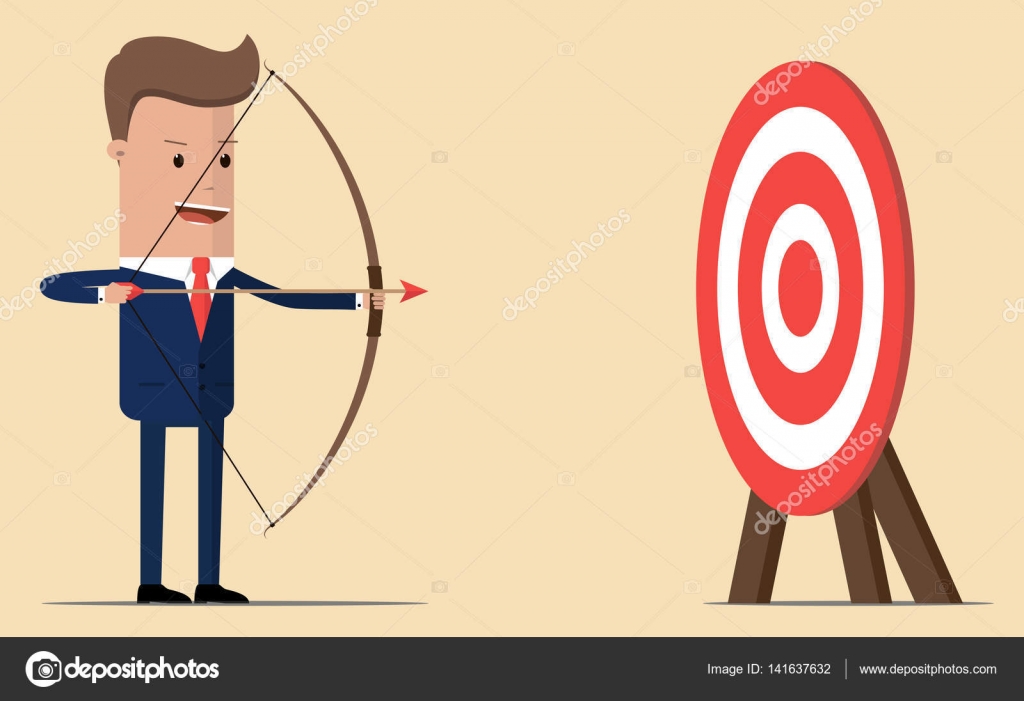 Businessman aiming target with bow and arrow. Concept business vector ...