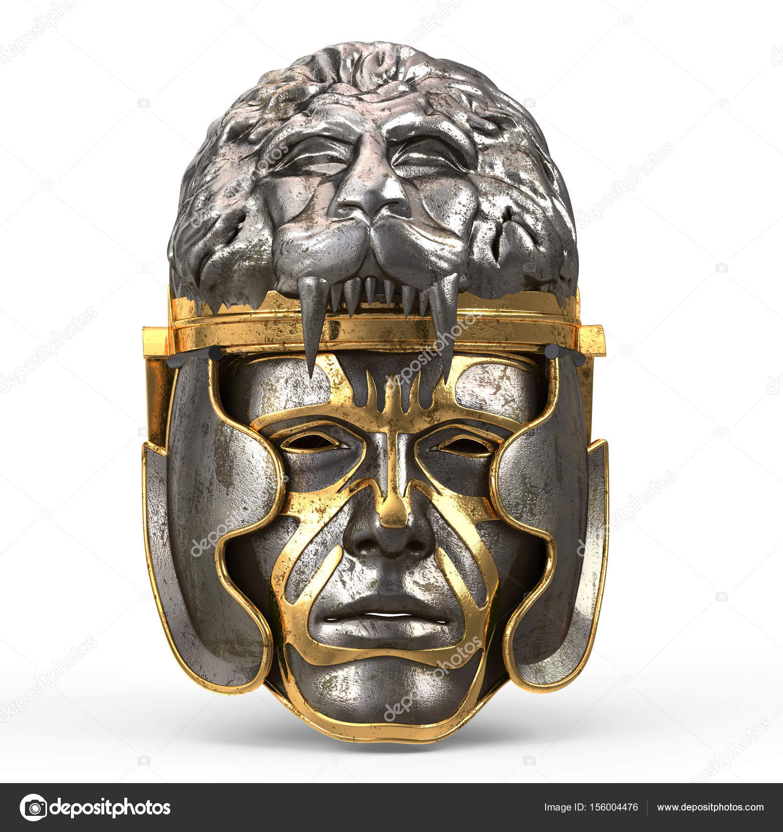 Medieval fantasy helmet closed with iron mask, and lion on top, on ...