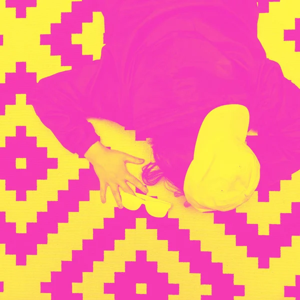 Girl Sunglasses Lying Psychedelic Floor Geometric Pattern Showing ...