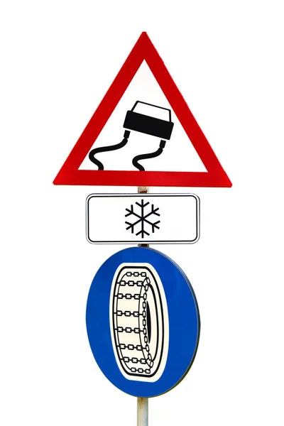 Road signs on a mountain road: warning sign "Slippery road surface ...