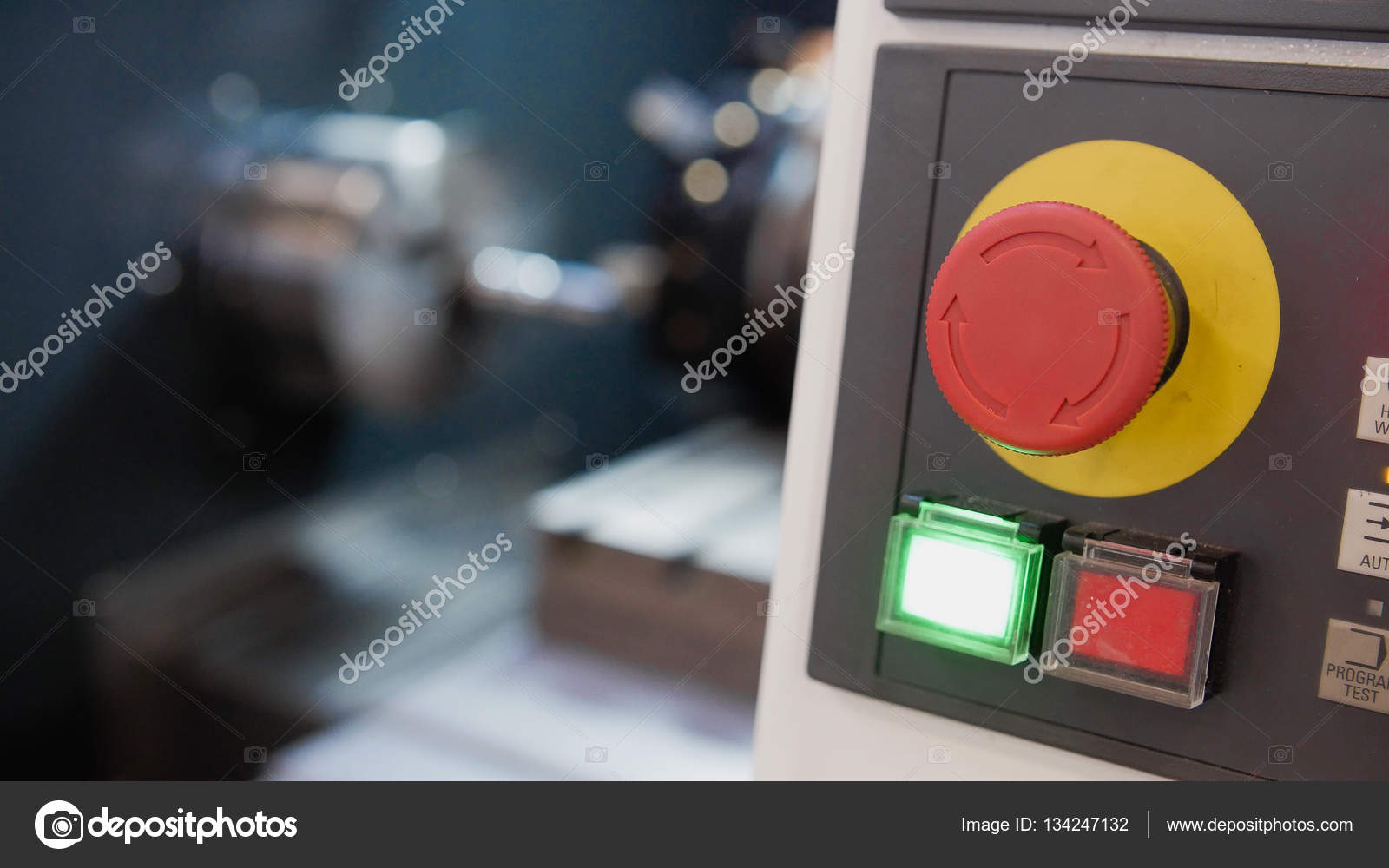 Red button of control panel machine processing metal, industrial ...
