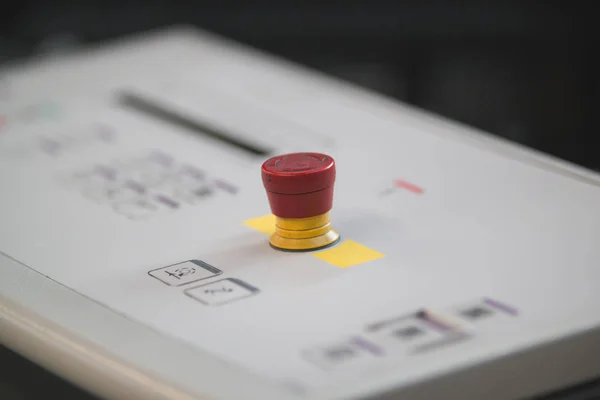 Red button of control panel machine processing metal, industrial ...