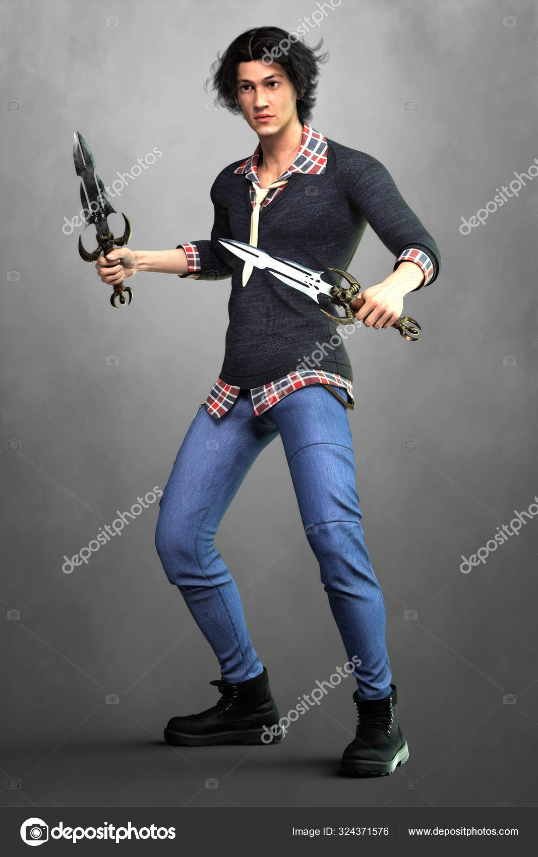 CG handsome man holding daggers in an urban fantasy style fight pose ...