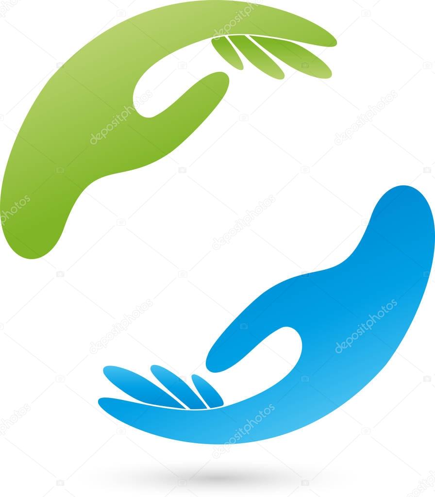 Dos manos en verde y azul, manos y logo de masaje 2023