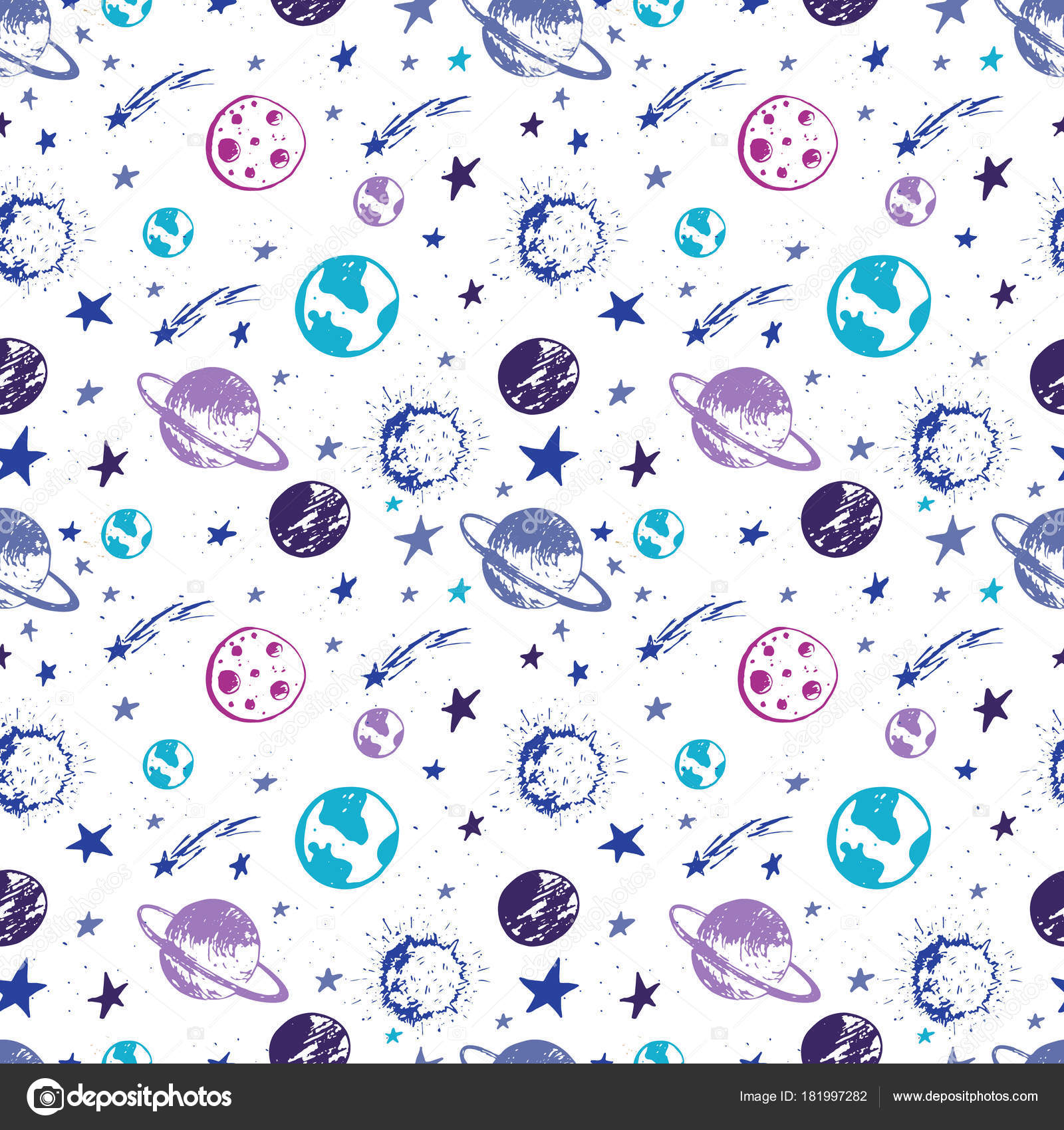 Vector Doodle Space Seamless Pattern Planets Stars Moon Sun Stock ...