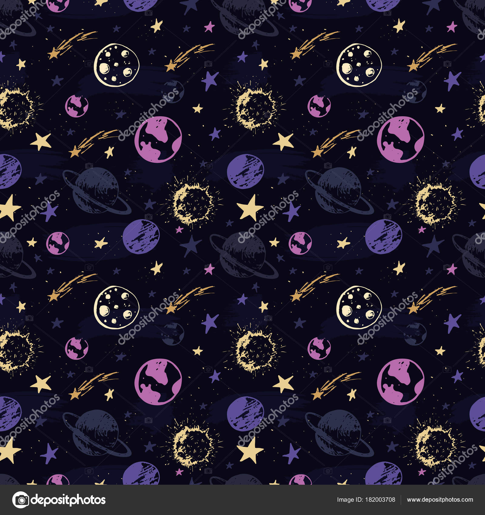 Vector Doodle Space Seamless Pattern Planets Stars Moon Sun Stock ...