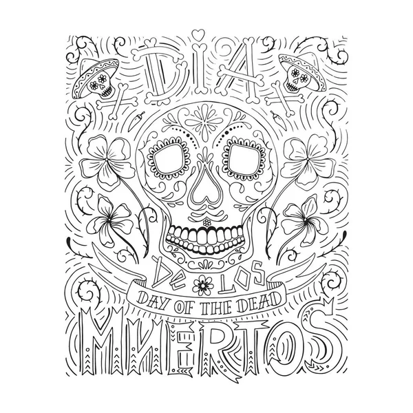 Illustration with the Day of the Dead lettering and skull on pattern ...