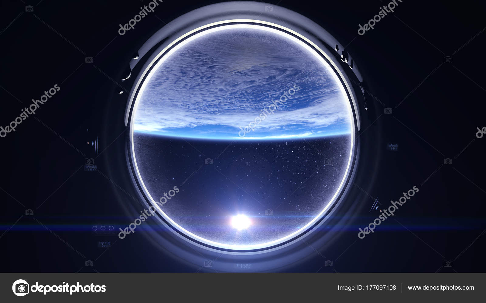 Earth through the porthole window. The sun in the window of the ...