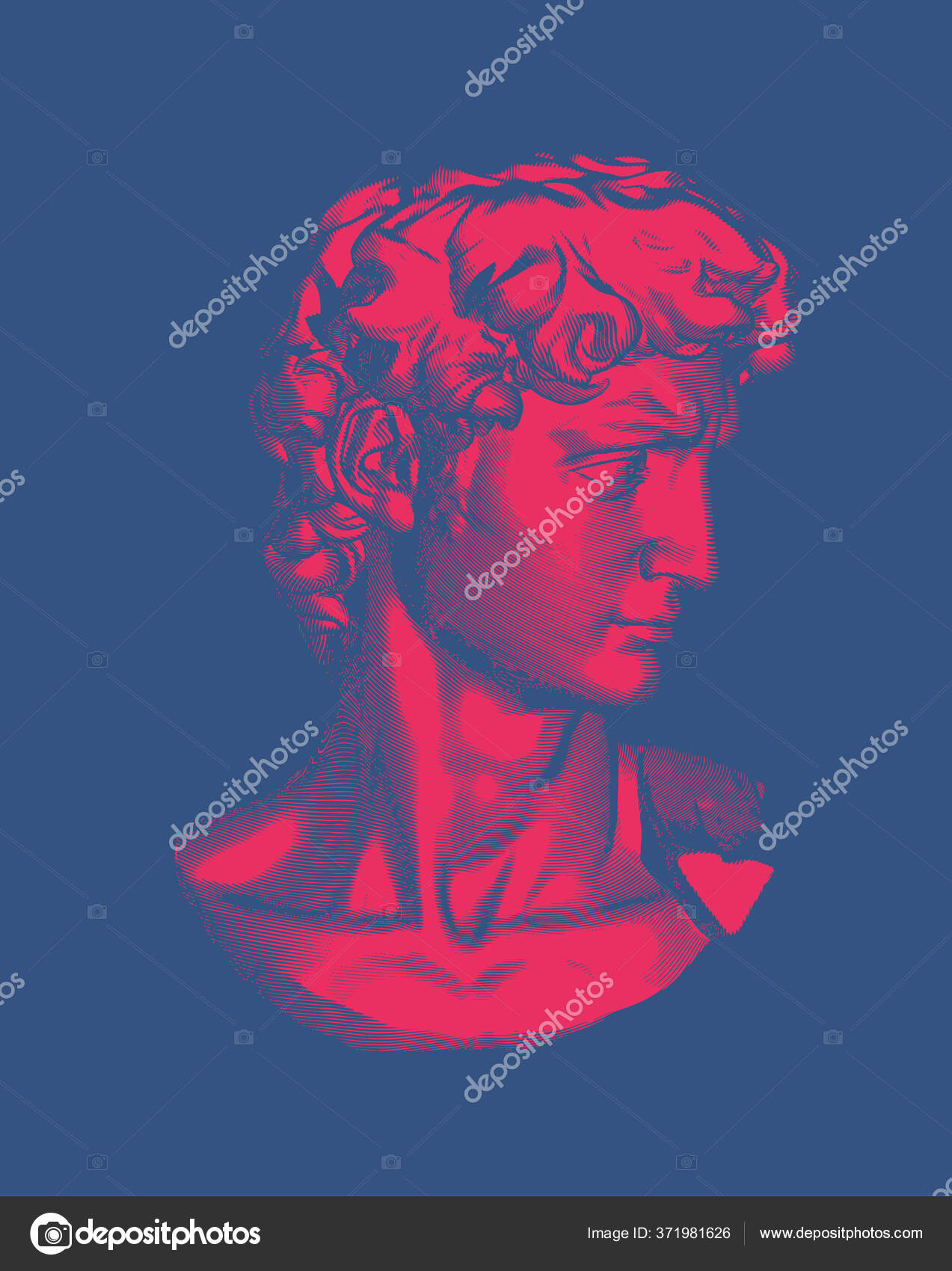 Bright Red Vintage Engraved Drawing Bust Head David Sculpture Side ...