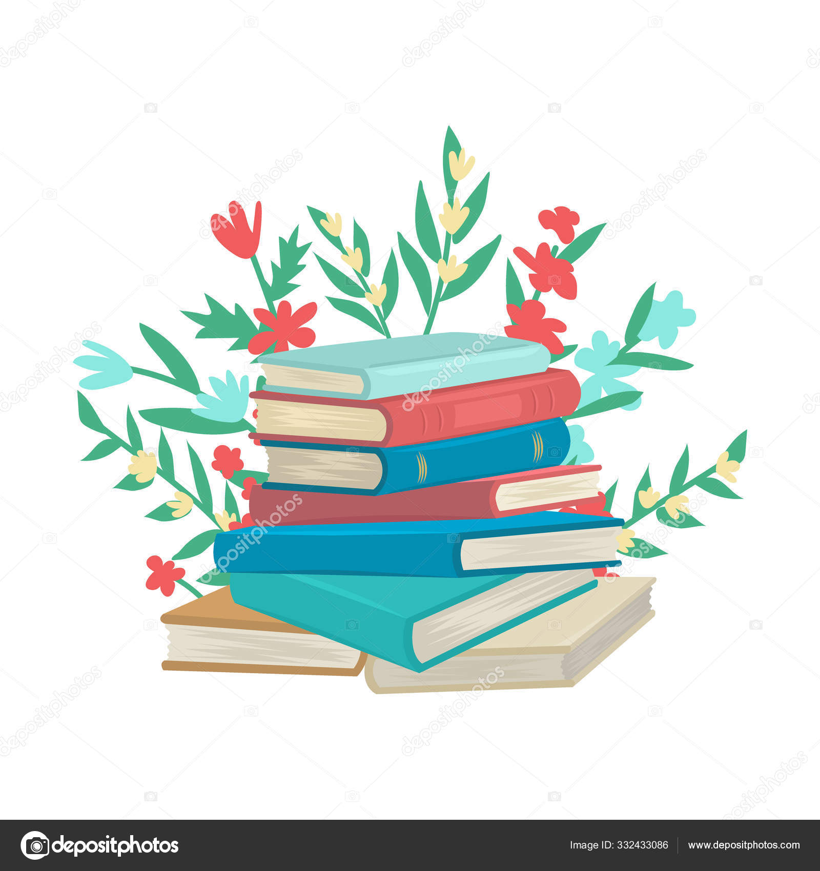 Ein Stapel Bücher oder Lehrbücher. Blumen herum. Cartoon flachen Stil ...