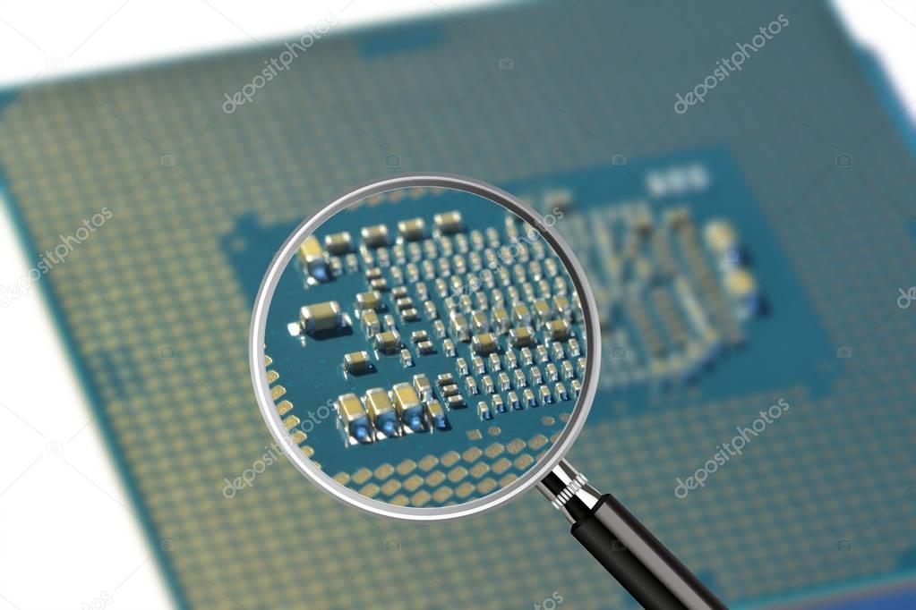 Clear image in magnifying glass against blurry close-up of back side of ...