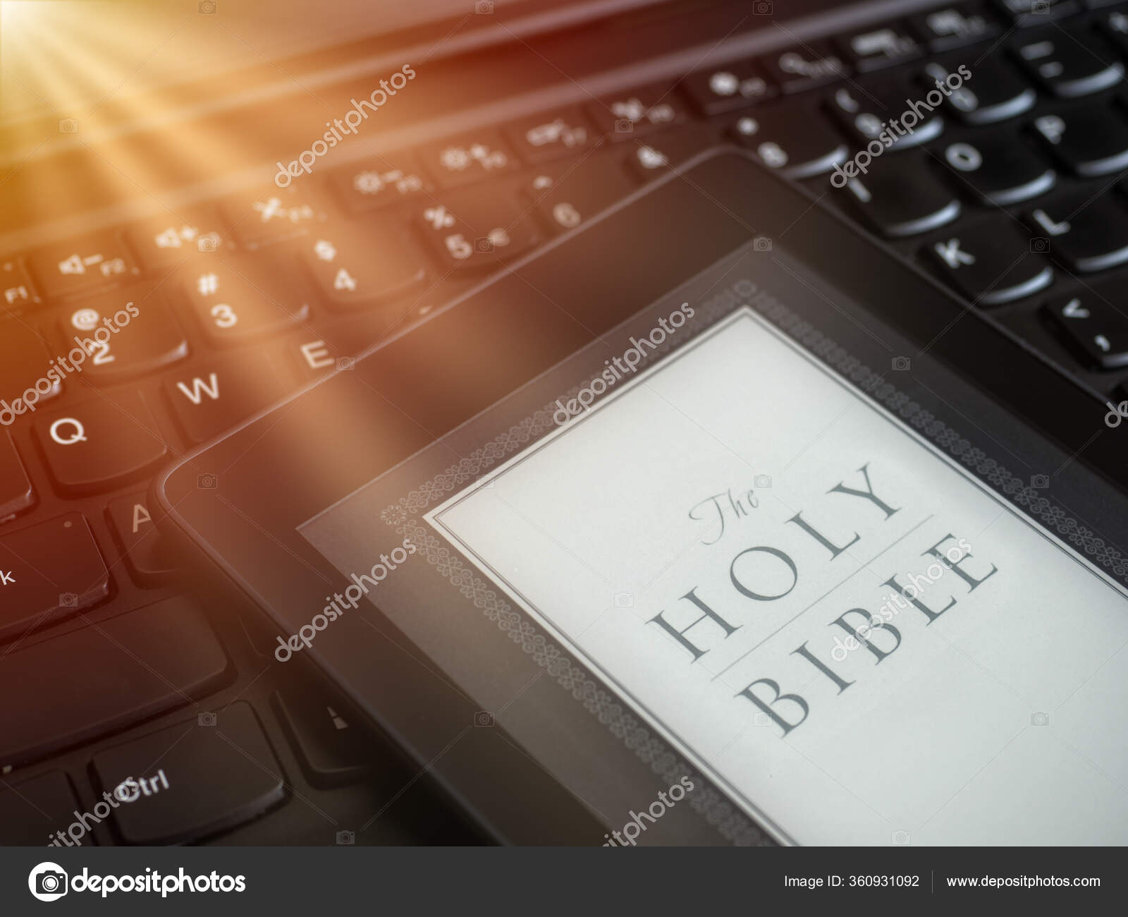 Close Ebook Reader Holy Bible Laptop Keyboard Sun Rays Light — Stock ...