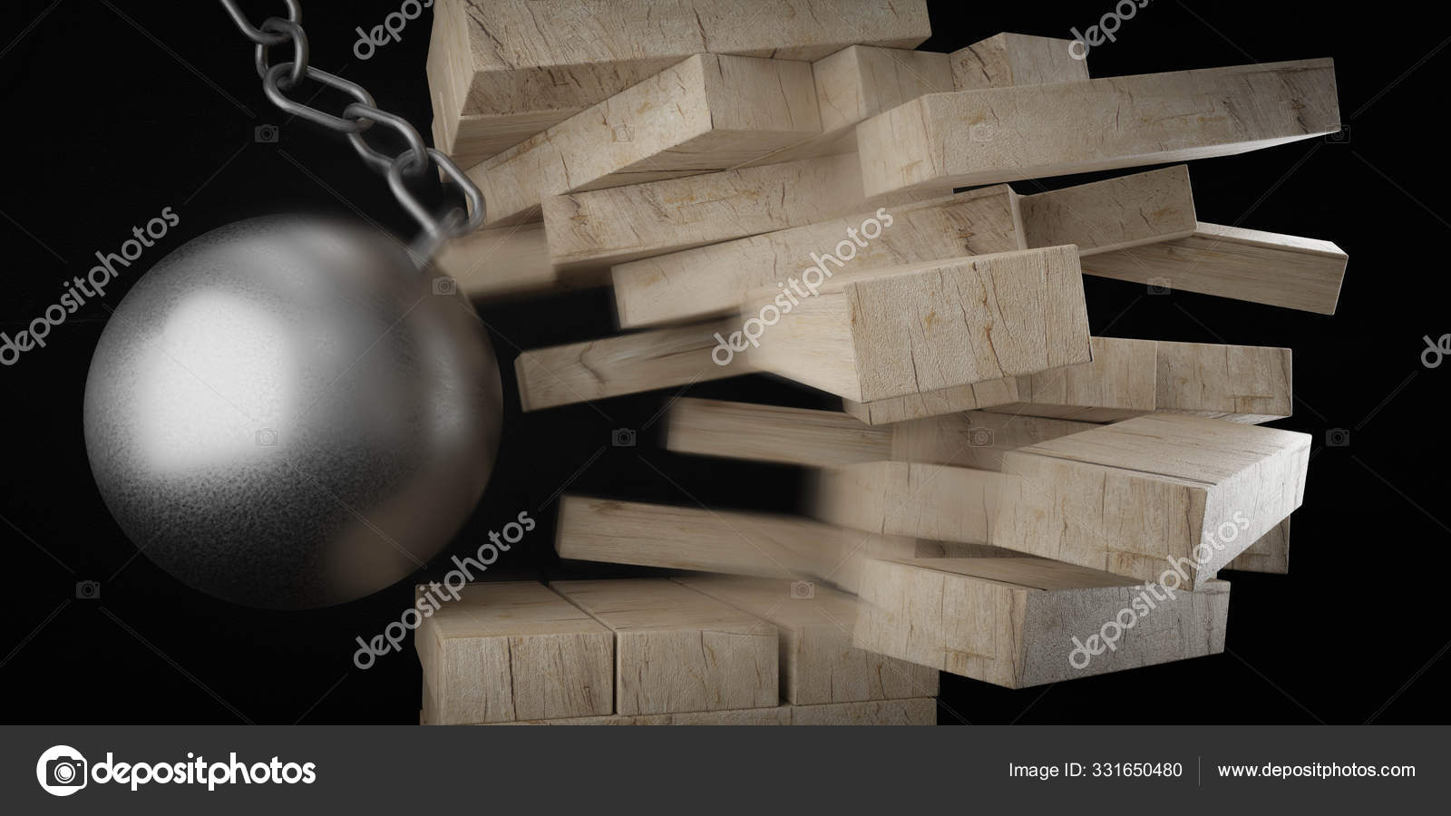 Destruction concept of metal wrecking ball smashing board game falling ...