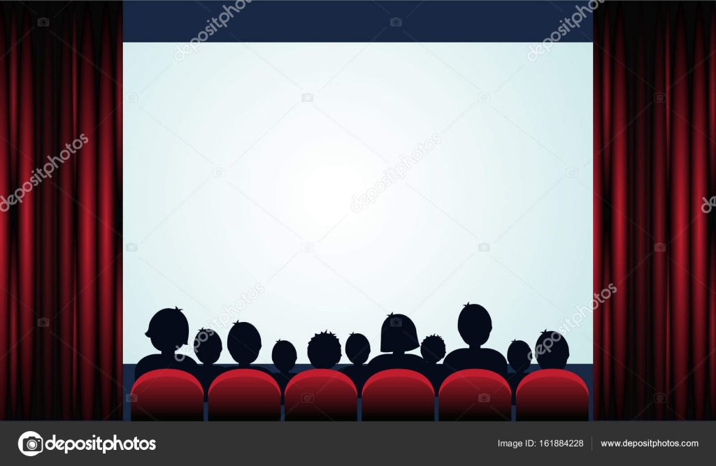 Cinema poster with audience, screen and red curtains .Vector ...