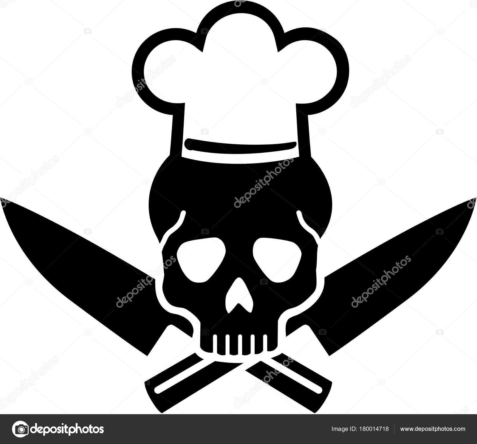 Calavera de cocinero de barco con sombrero de chefs y cuchillos ...