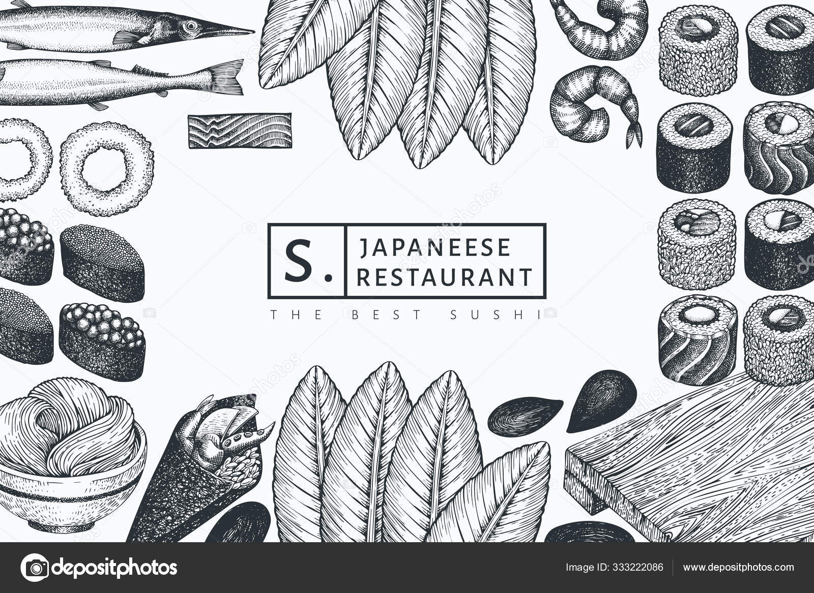 Japanese cuisine design template. Sushi hand drawn vector illust Stock ...