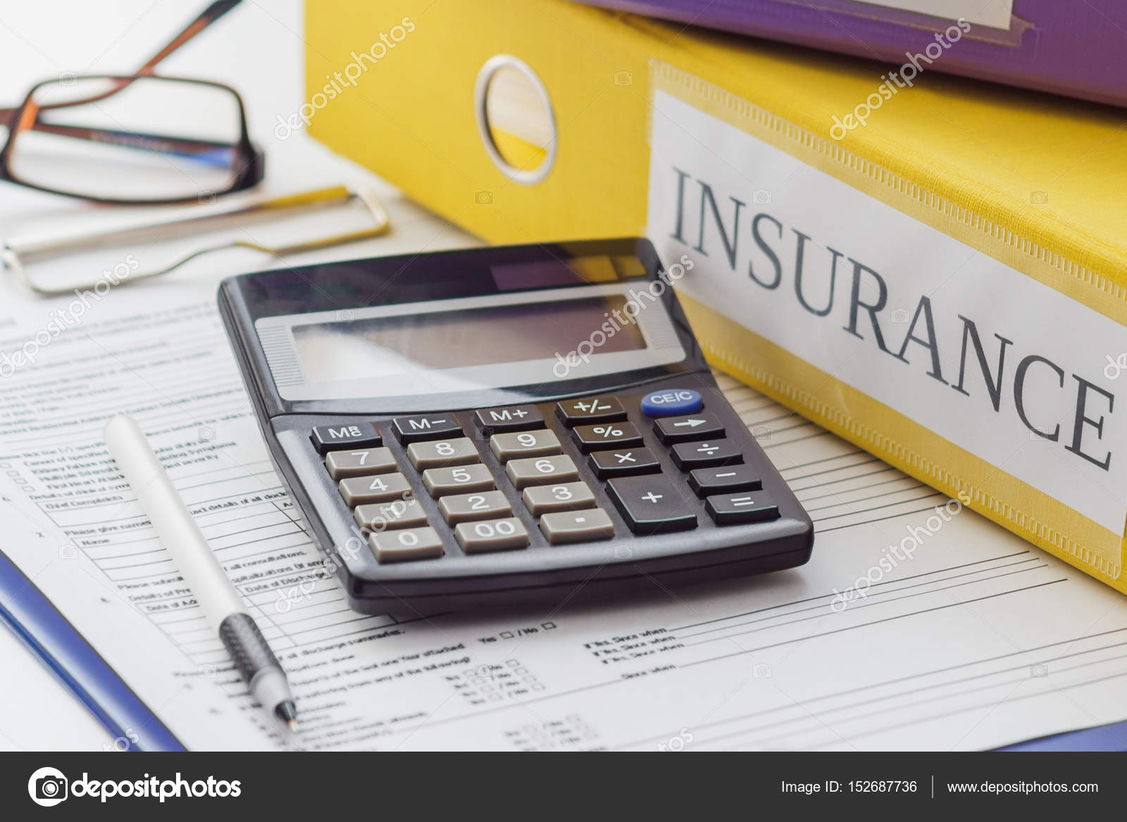 Clean insurance form, folders, pen, glasses and calculator — Stock ...