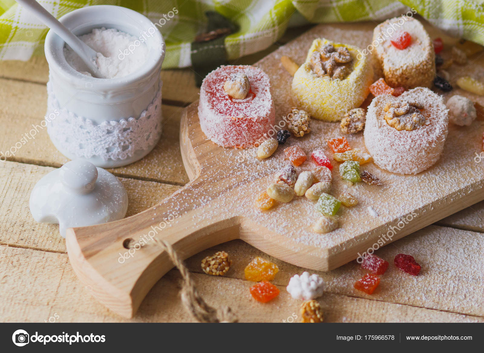 East sweets with fruits, nuts and sugar powder Stock Photo by ...