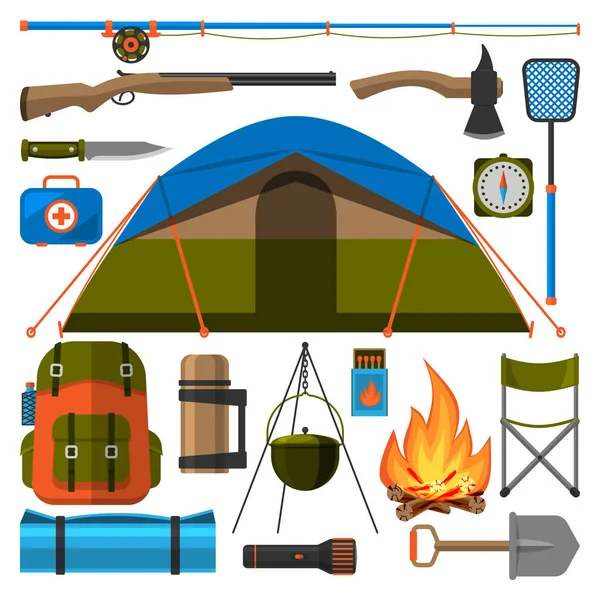 Summer outdoor travel camping icons tourism hiking recreation campfire ...