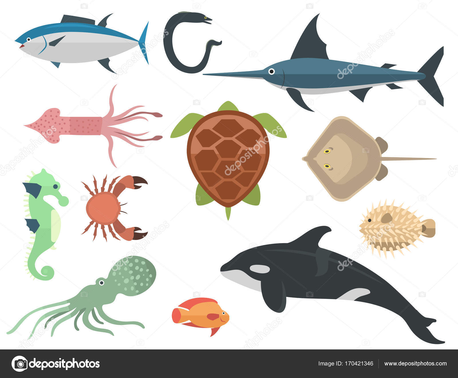 Vector sea animals creatures characters cartoon ocean underwater ...