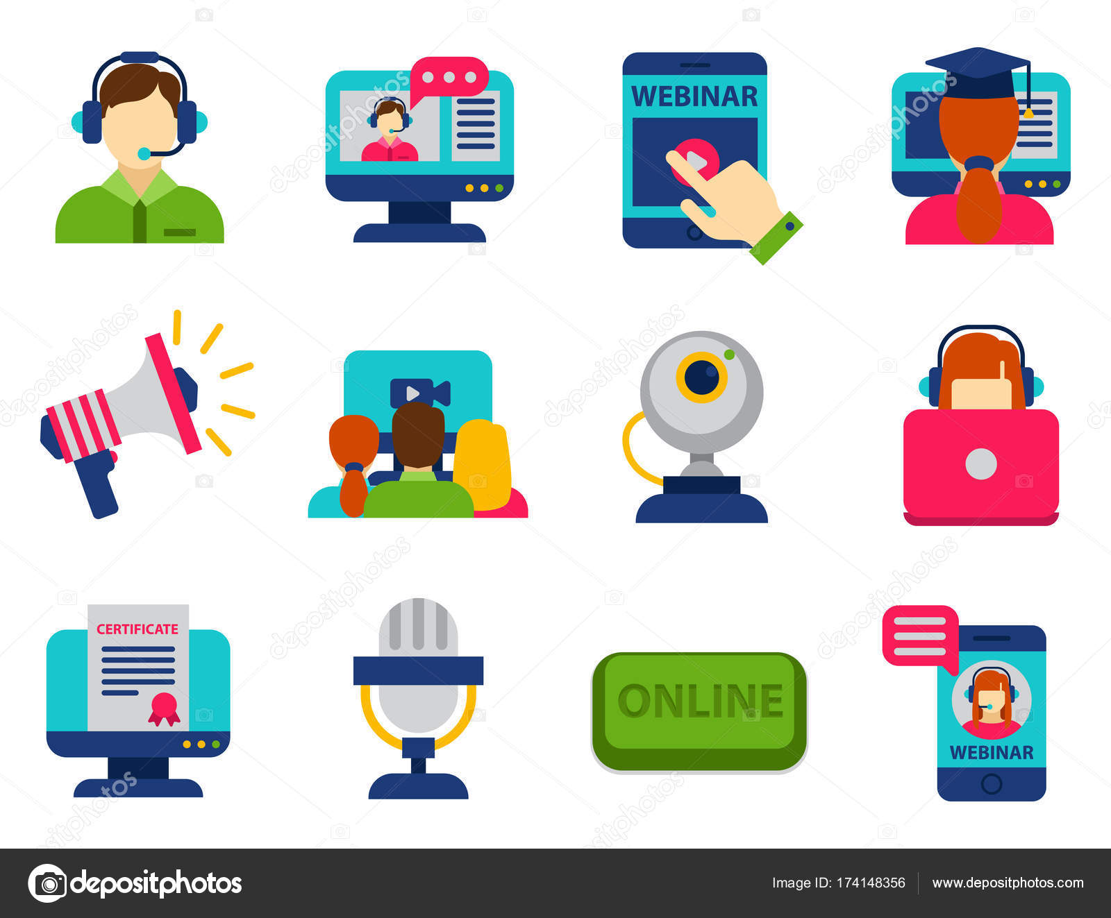 Flat design icons online education staff training book store distant ...