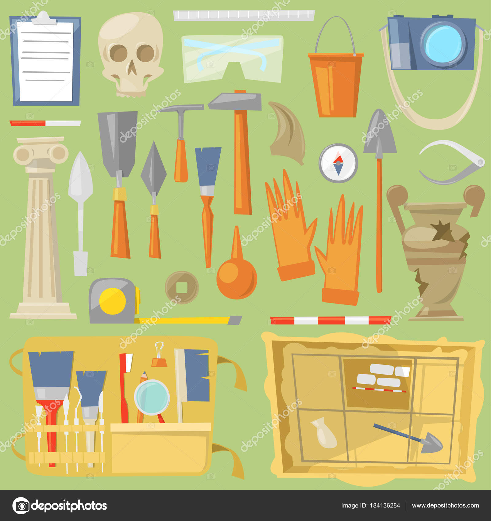 Archeology vector archaeological finds and tools or equipment and ...