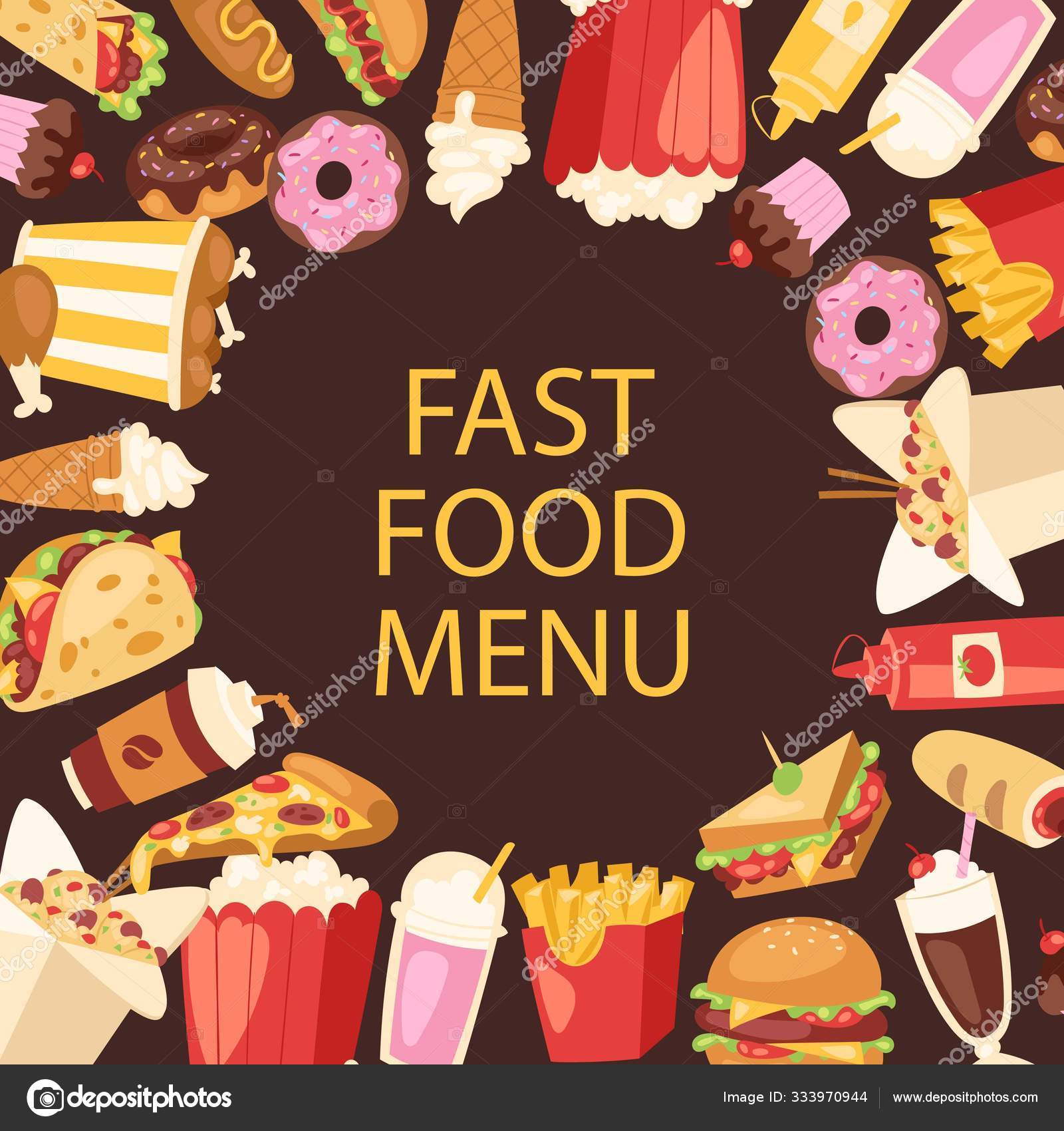 Fast food menu frame vector illustration. Cartoon unhealthy hamburger ...