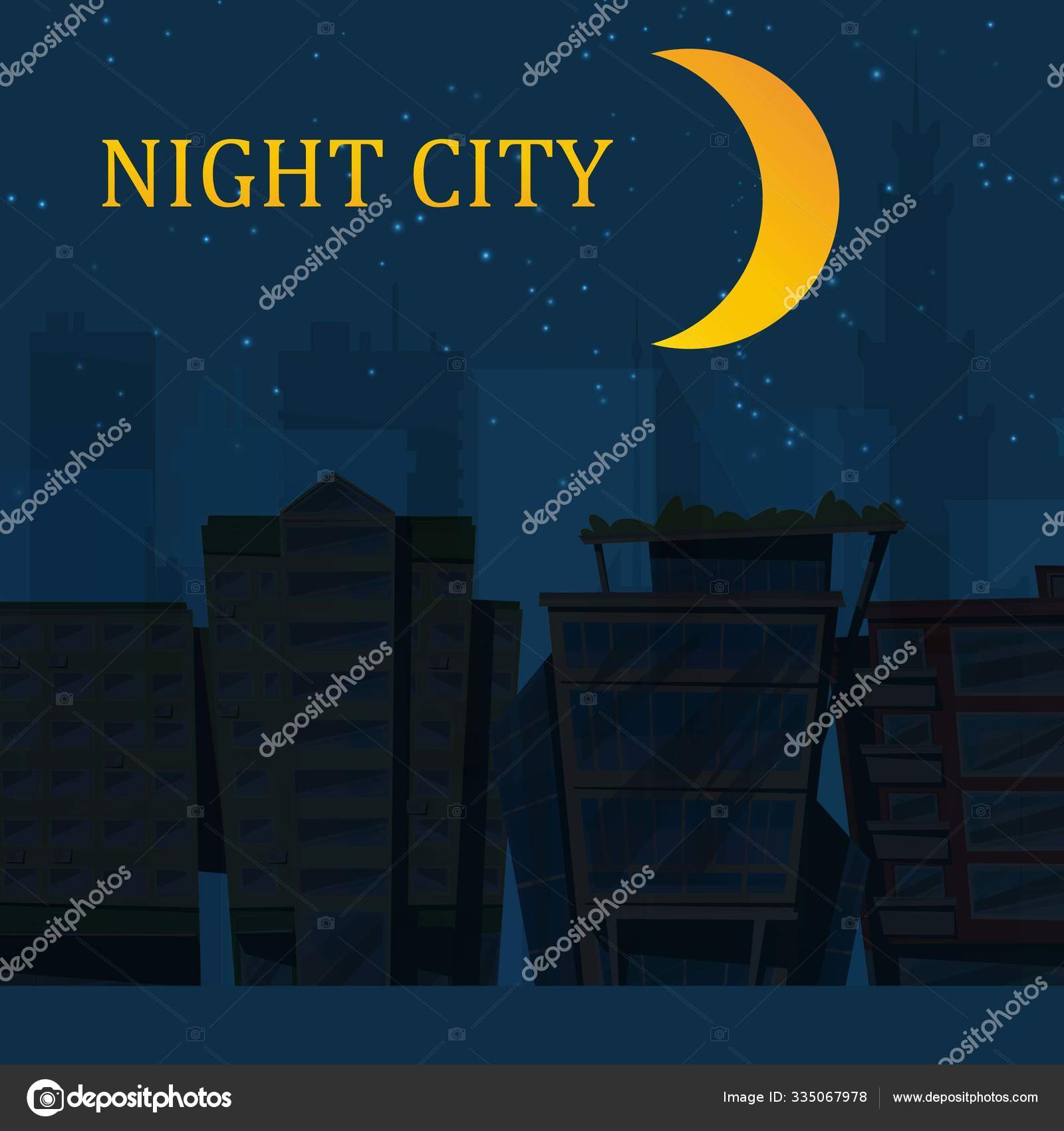 Silhouette of night city landscape on dark blue sky background with big ...