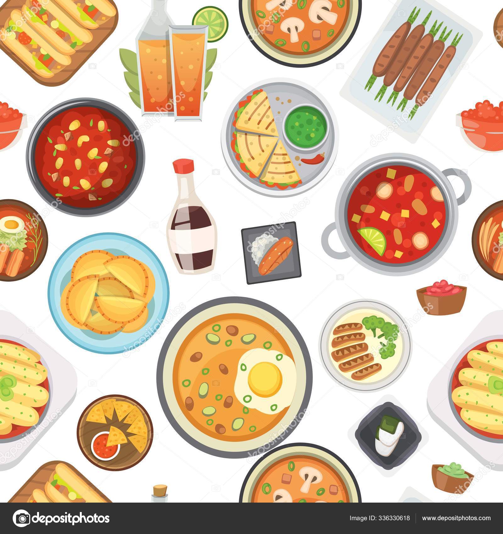 Dinner, lunch and fast food seamless pattern, vector illustration. Junk ...
