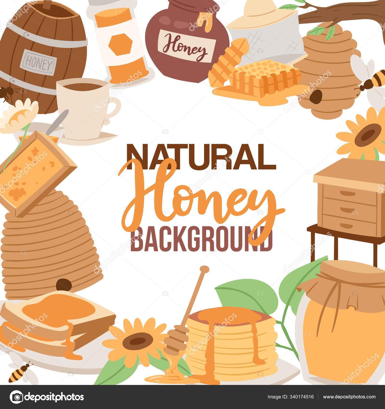 Honey cartoon colored frame with bee, wild flowers, bumble wooden cask ...