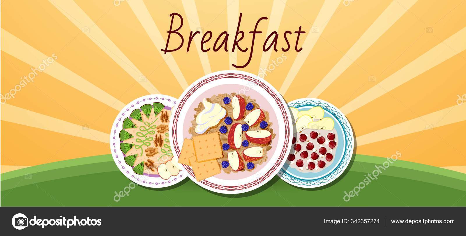 Breakfast banner on rising sun background vector illustration. Morning ...