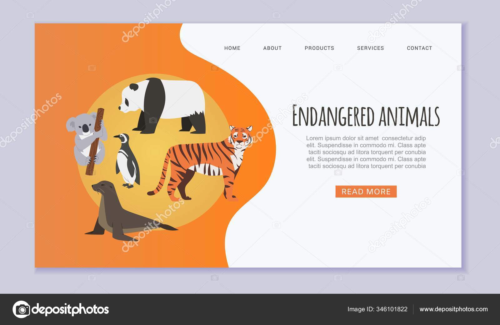Endangered vanishing wildlife animals website vector template. Amur tiger, panda, penguin, sea ...