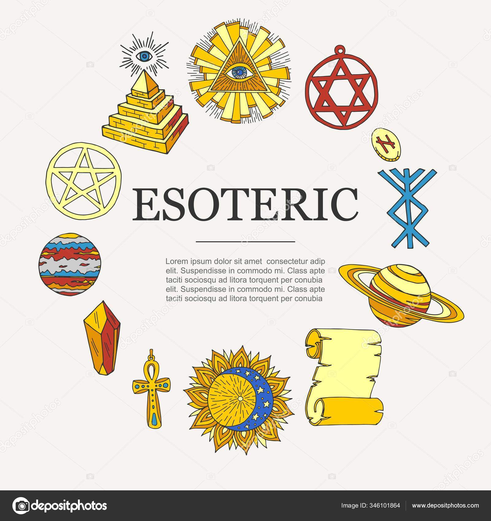 Simbol esoteris dan poster benda okultisme, ilustrasi vektor. Manuskrip ...