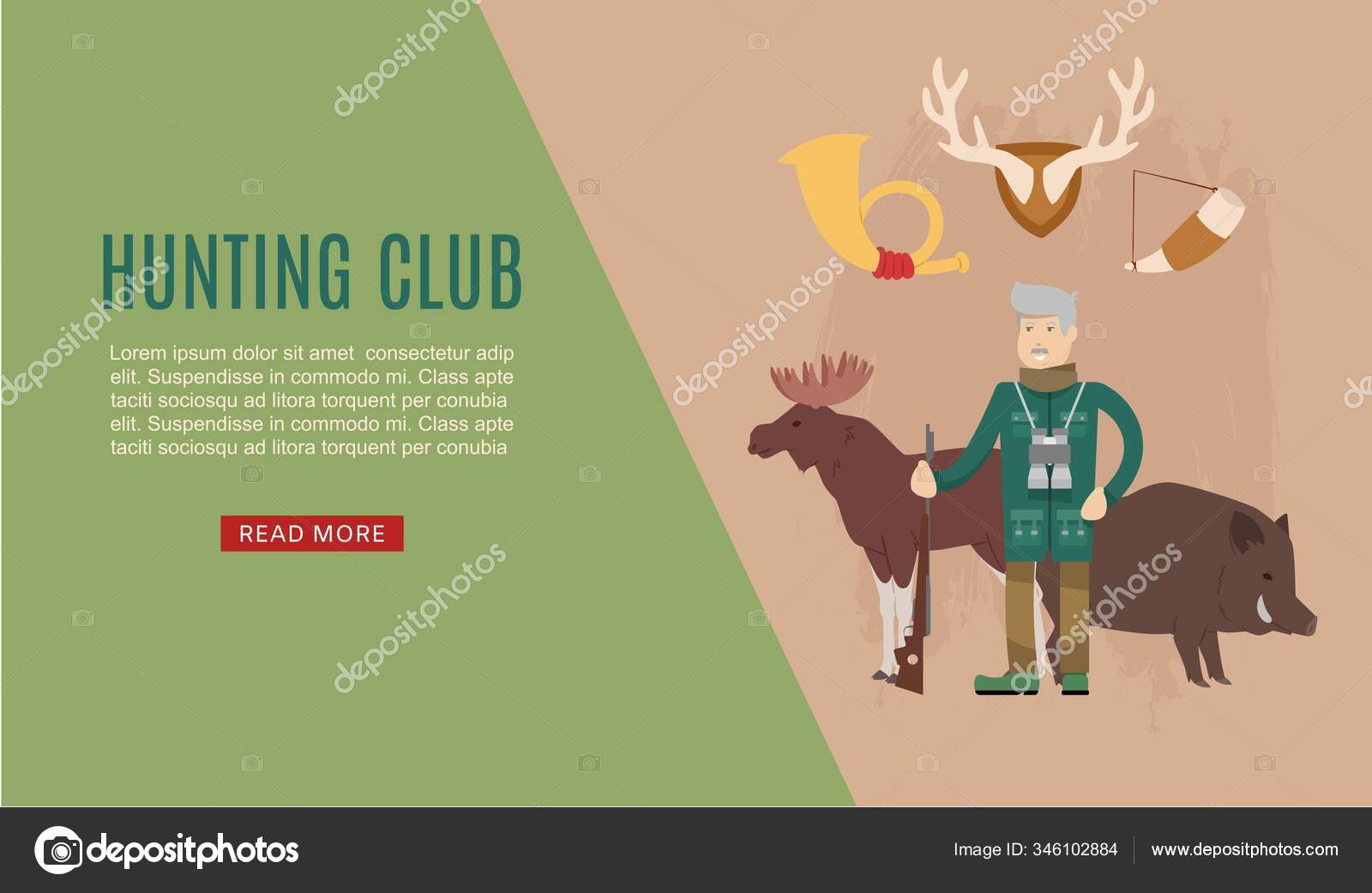 Hunt club web template banner with hunter holding rifle and stuffed ...