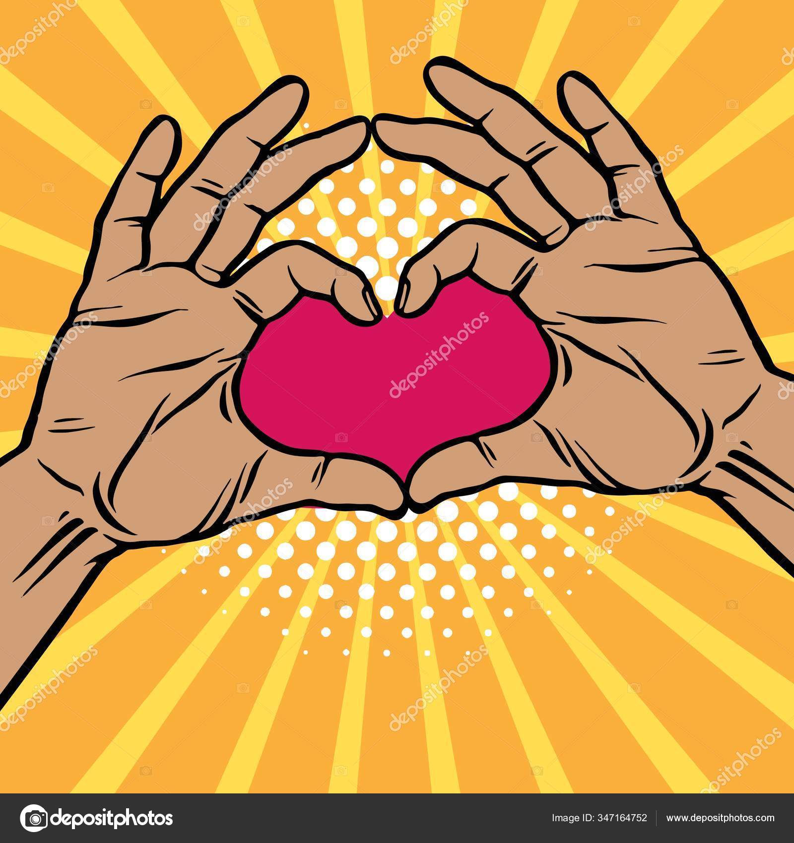 Pop Art Two Hands Making Heart Sign Cartoon Comic Vector Illustration