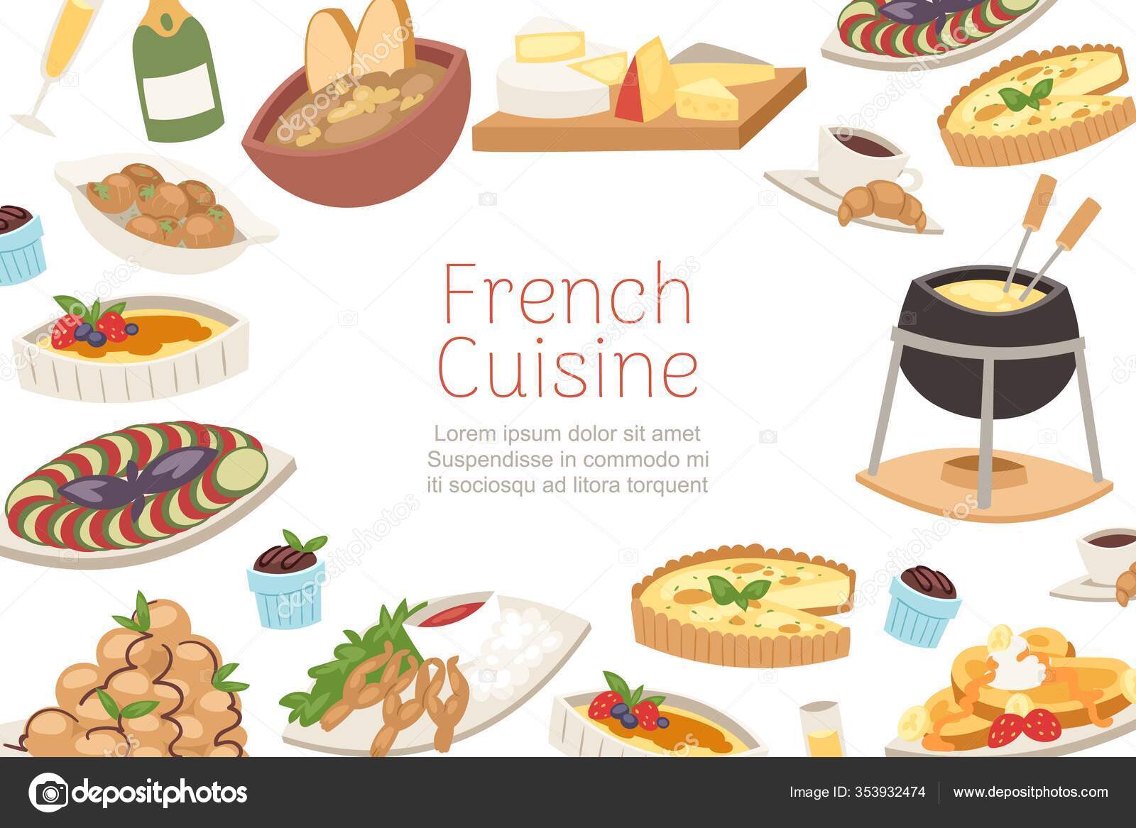 French cuisine, national menu of France food for restaurant cartoon ...
