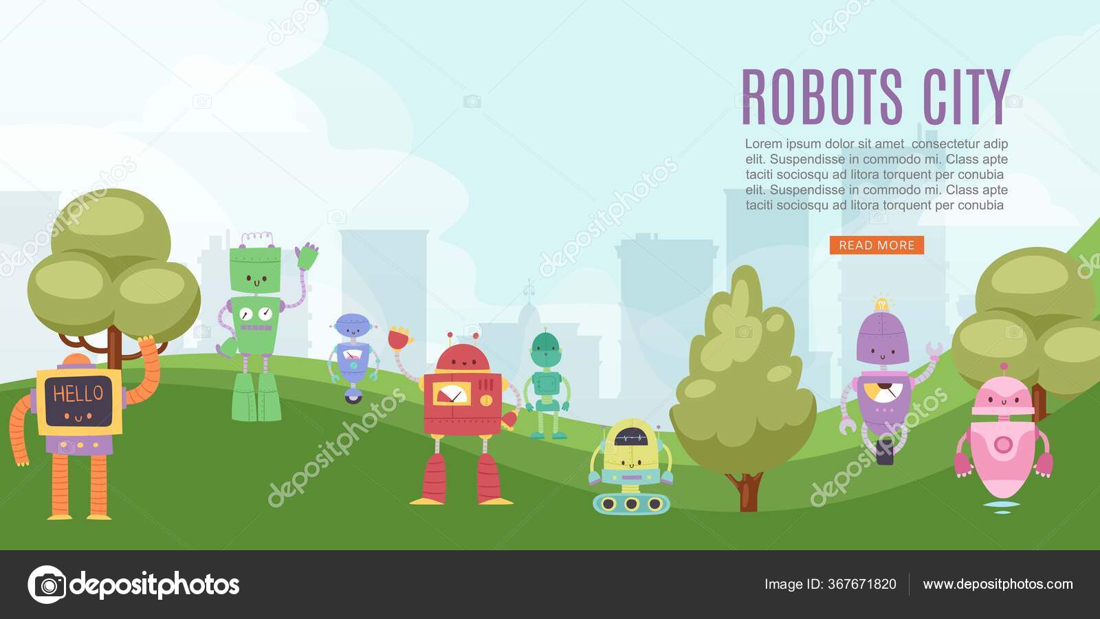 Robots toys city for kids banner with cute robots and transformers ...