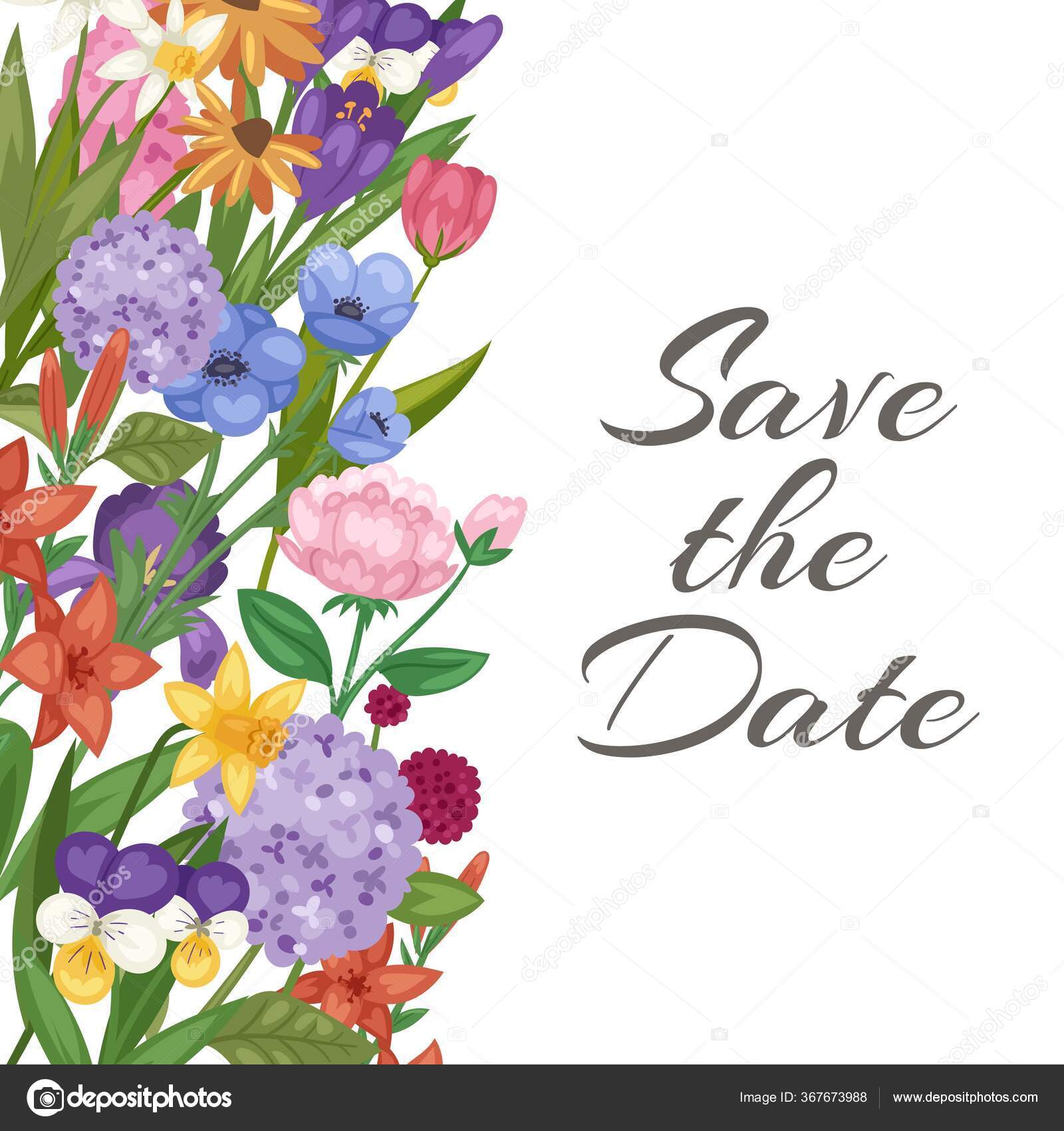 Save the date, wedding invitation card with garden flowers botanical ...