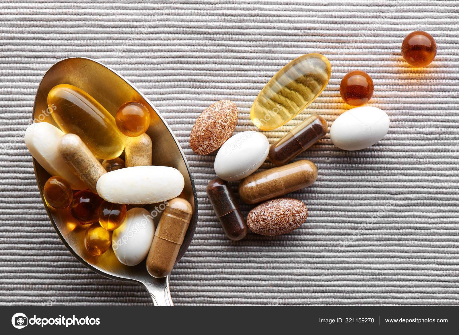 Close Tablespoon Filled Various Dietary Supplements Tablets Vitamins ...